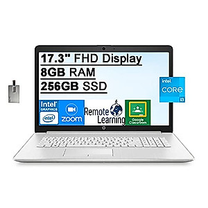 2022 HP 17.3" FHD Laptop Computer, 11th Gen Intel Core i3-1115G4 Processor, 8GB DDR4 RAM, 256GB PCIe SSD, Intel UHD Graphics, HD Camera, HDMI, Bluetooth, Windows 11, Silver, 32GB SnowBell USB Card