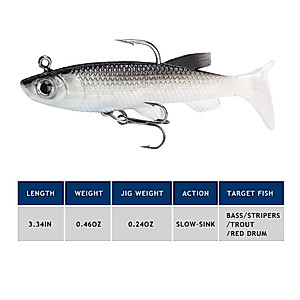 Goture Soft Fishing Lures jig Heads, Saltwater Freshwater Minnow Fishing Bait T Tail with jig Head, Fishing Lure Swim Shad Baits for Bass Fishing 5Pack