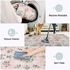 Lahome Machine Washable Round Rug 5Ft, Soft Boho Pink Round Area Rugs for Nursery and Girls Bedroom, Pastel Floral Ultra-Thin Non-Slip Circle Carpet for Living Room Indoor Floor Home Office Decor