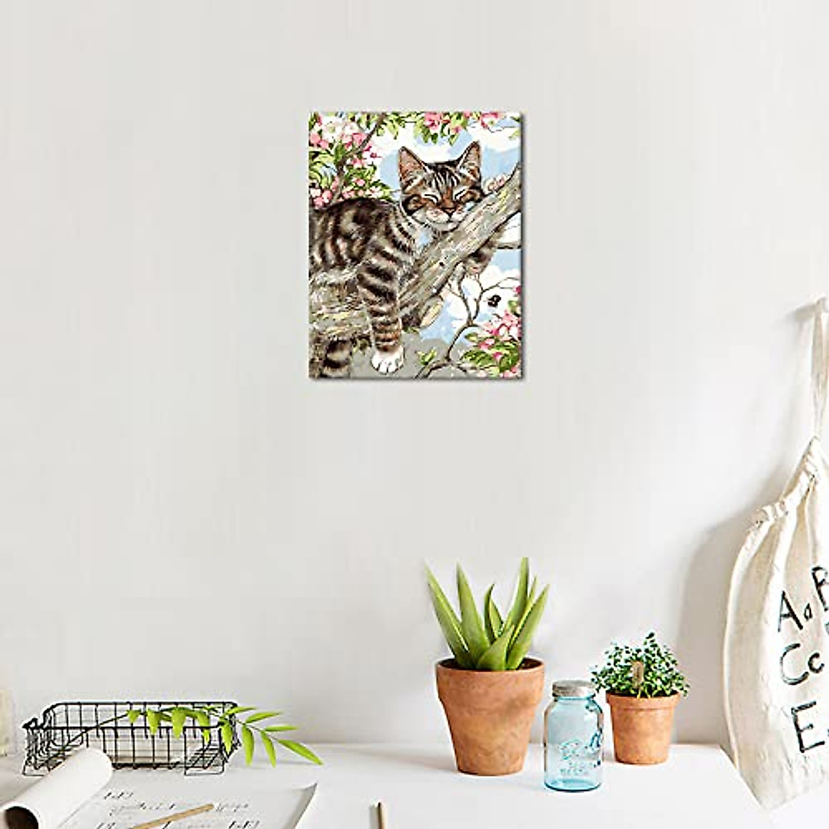 TISHIRON DIY Paint by Numbers Hand Painting Cat Series on Canvas for Adults Beginner Kids Drawing with Brushes Festival Gift House Decorations No Frame Cat Snuggling in The Treetops-16x20inch