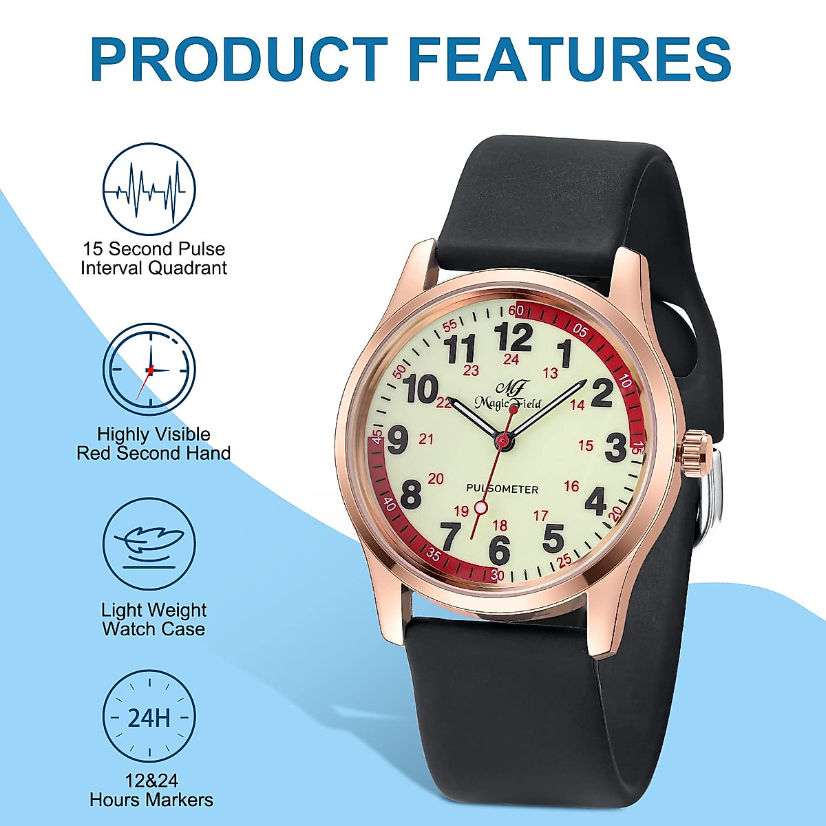 ManChDa Nurse Watch for Nurse Medical Watch Nurse Watch for Women Silicone Watch Nurse Watch Second Hand Easy to Read Watch Military Time Watch Waterproof Luminous Watch 24 Hours Watch Black