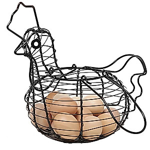 MyGift Black Metal Wire Egg Basket with Chicken Shape Design, Farm Fresh Egg Collecting Basket, Decorative Farmhouse Kitchen Storage Baskets
