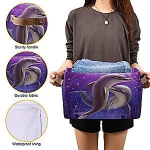 ALAZA Decorative Basket Rectangular Storage Bin, Two Lovers Dolphin Purple Organizer Basket with Leather Handles for Home Office