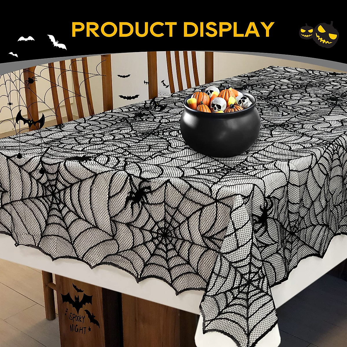 eZAKKA Halloween Table Cloth, 60"x104" Spider Webs Tablecloths Black Tablecloth Lace Fabric Table Cloths Spooky Table Cover for Rectangle Tables for Parties Gothic Halloween Home Decorations