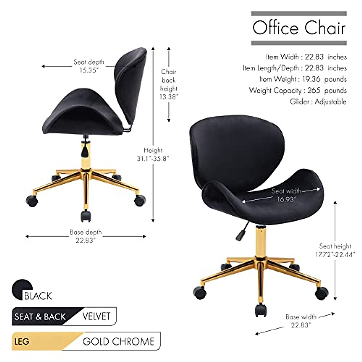 Porthos Home Tyas Swivel Office Chair, Luxurious Velvet Upholstery, Curved Back, Height Adjustable Gaslift Seat and Stylish Gold Chrome Base, Armless Design for Small Office and Home Studio