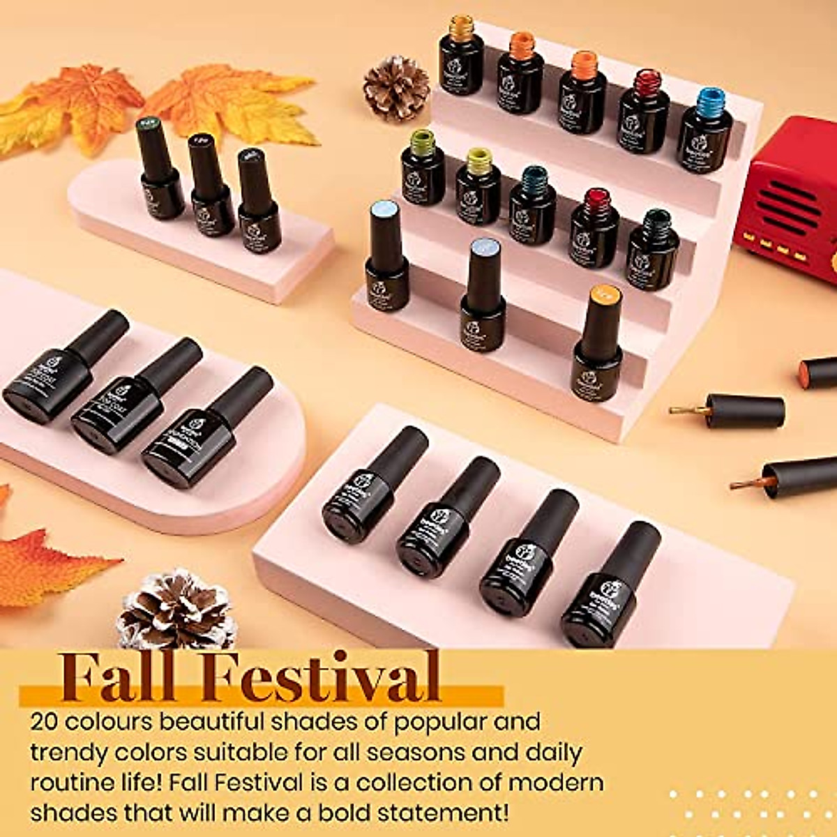 Beetles Fall Winter Gel Nail Polish Kit, Red Yellow Orange Green Gel Polish Set with Glossy & Matte Gel Top Coat Base Coat Soak Off Nail Lamp Christmas Mother's Day Gifts for Women, 20 Pcs