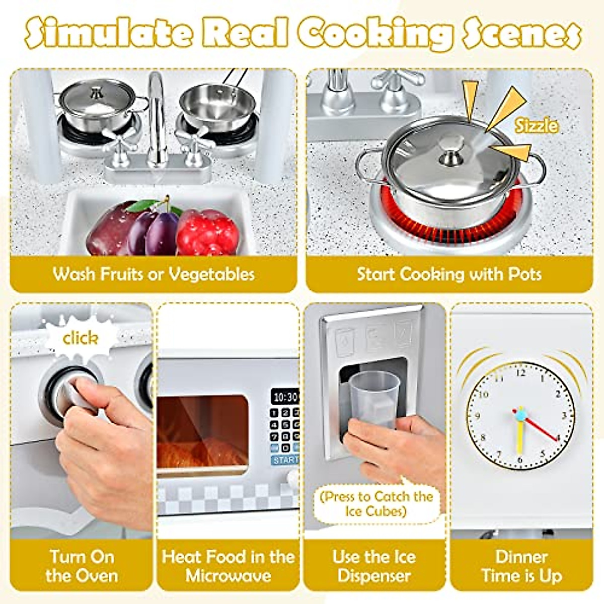 HONEY JOY Kids Kitchen Playset, Double Side Little Chef Play Kitchen for Toddlers, Oven & Sink, Ice Cube Dispenser, Utensils, Microwave, Storage Cabinet, Wooden Pretend Play Toy Kitchen Set, Gray