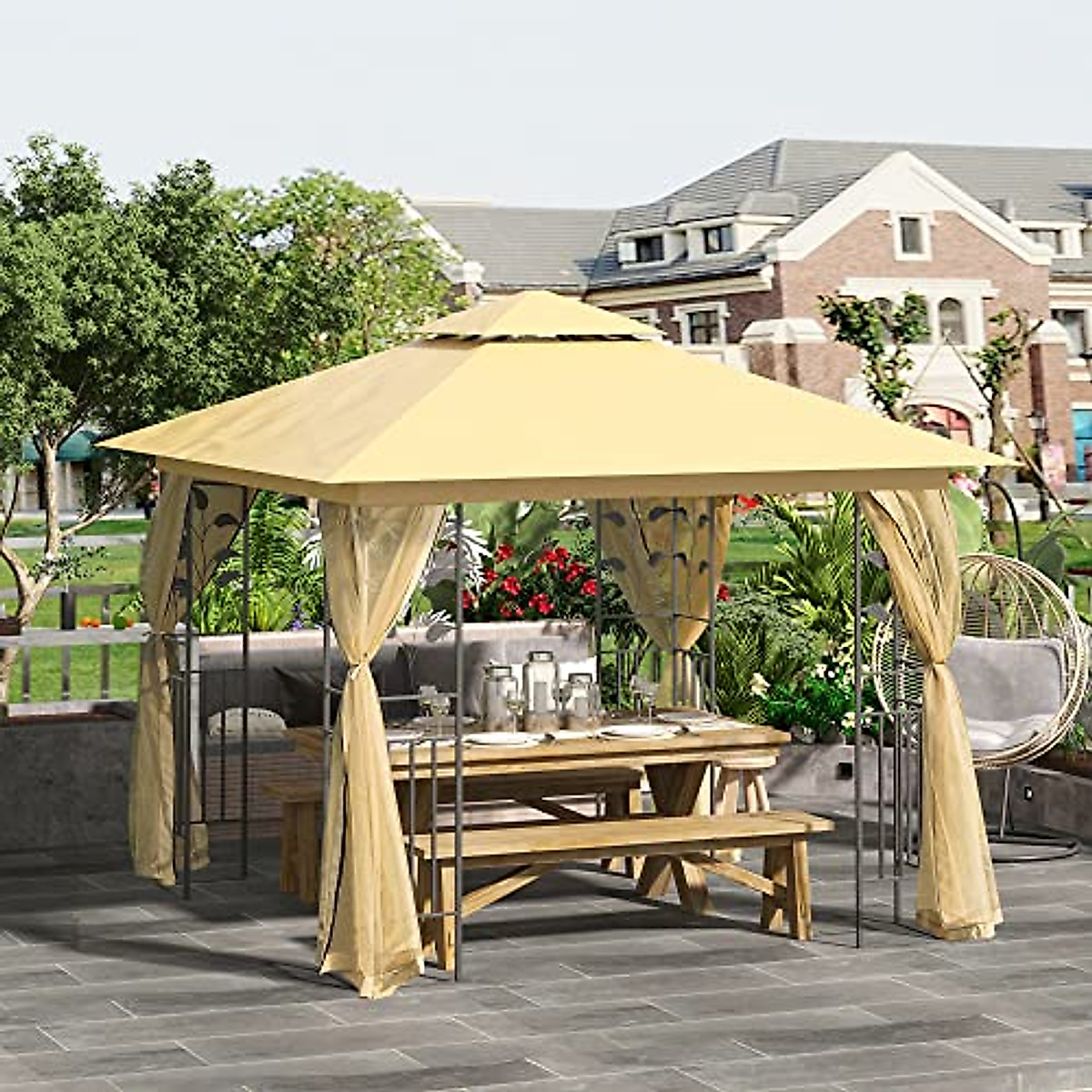 Outsunny 10' x 10' Metal Patio Gazebo, Double Roof Outdoor Gazebo Canopy Shelter with Tree Motifs Corner Frame and Netting, for Garden, Lawn, Backyard, and Deck, Beige