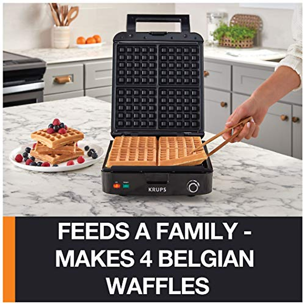 KRUPS Belgian Waffle Maker, Waffle Maker with Removable Plates, 4 Slices, Silver/Black