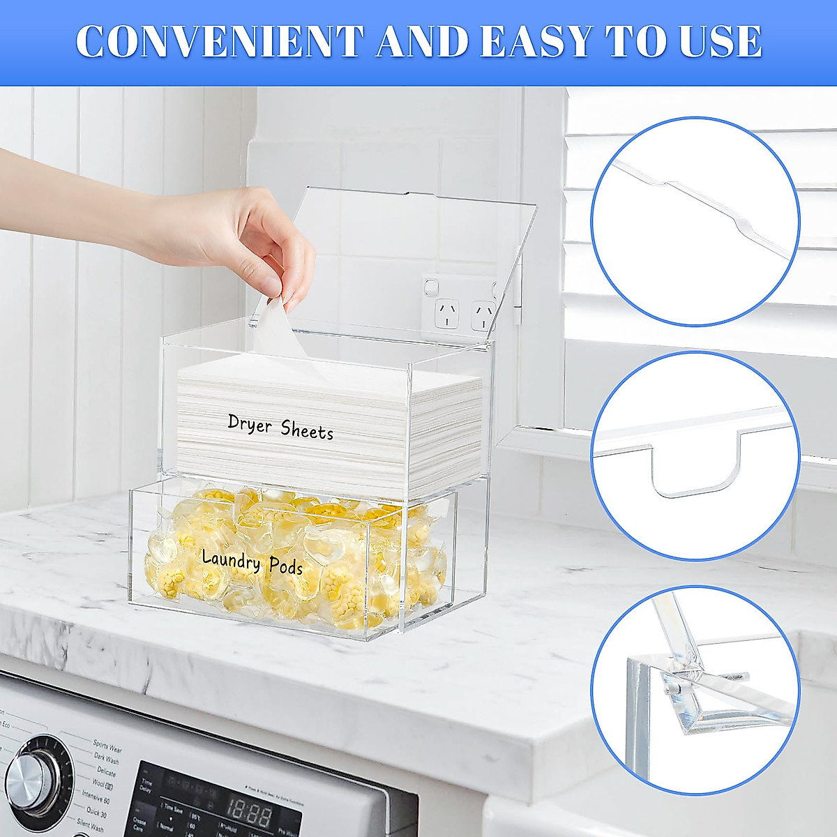 Dryer Sheet Holder, Dryer Sheet Container with Dryer Sheet Label, Acrylic Dryer Sheet Dispenser, Clear Laundry Room Organizer with Laundry Room Labels for Dryer Sheets, Laundry Pods, Dryer Balls