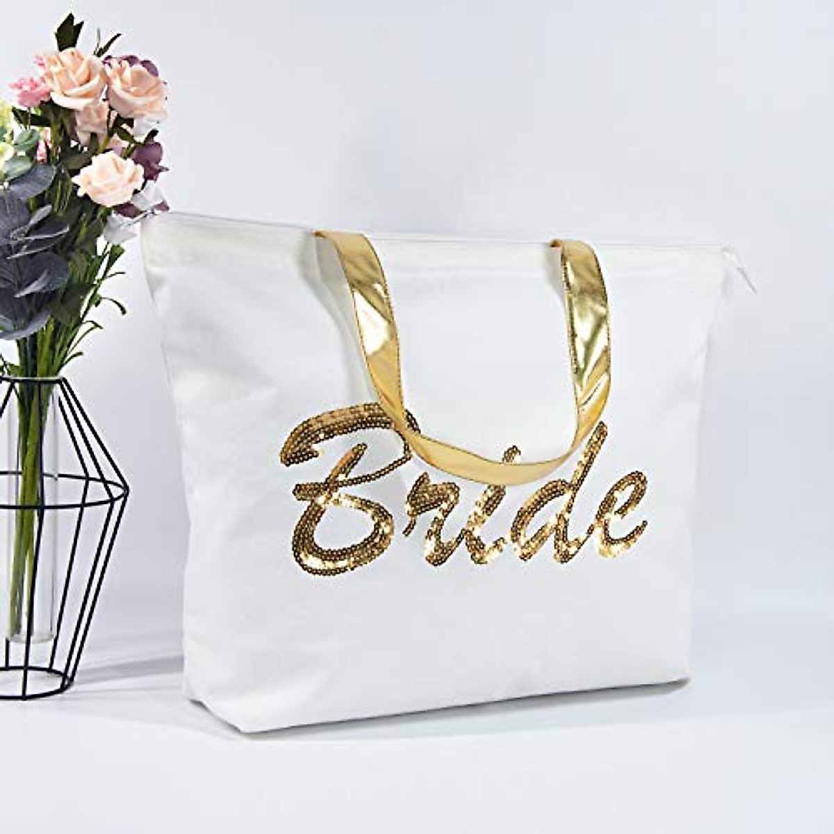 TOPDesign Wedding Gold Sequin Canvas Tote Bag, Bridal Shower Gifts for Bride Bag with an Internal Pocket, Top Zipper Closure, Bride