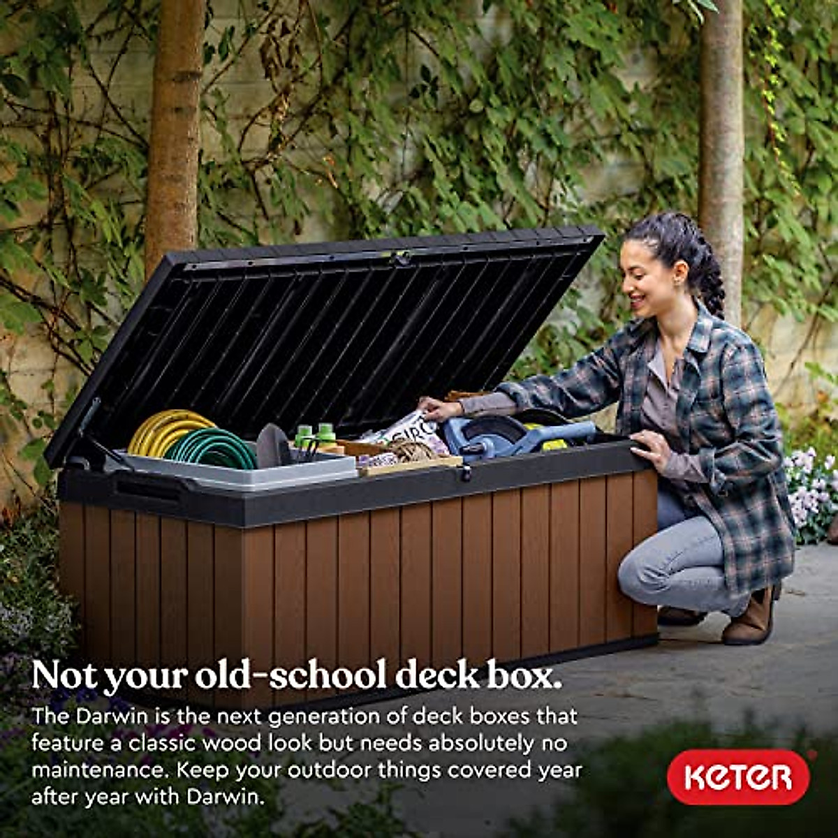 Keter Darwin 100 Gallon Resin Large Deck Box - Organization and Storage & Darwin 150 Gallon Resin Large Deck Box - Organization and Storage for Patio Furniture, Outdoor Cushions, Garden Tools