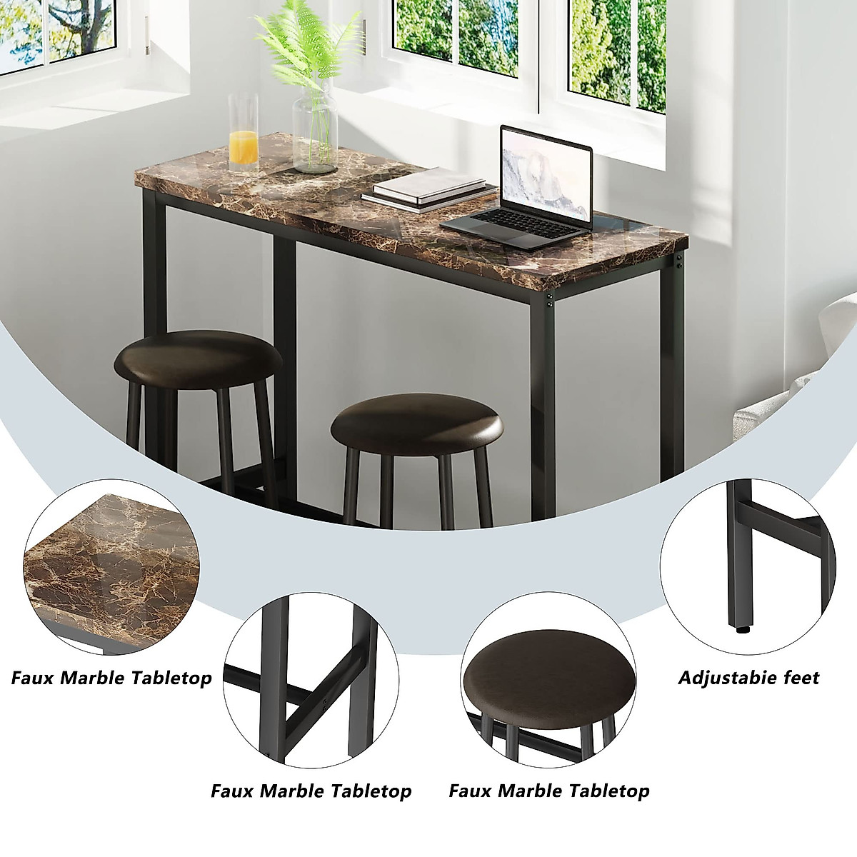 AWQM 3 Piece Dining Table Set Bar Table and Chairs Set for 2 Faux Marble Kitchen Counter Height Dining Table Set with 2 Padded Stools 3-Piece Modern Pub Table Set, Marble Brown, 47.2"