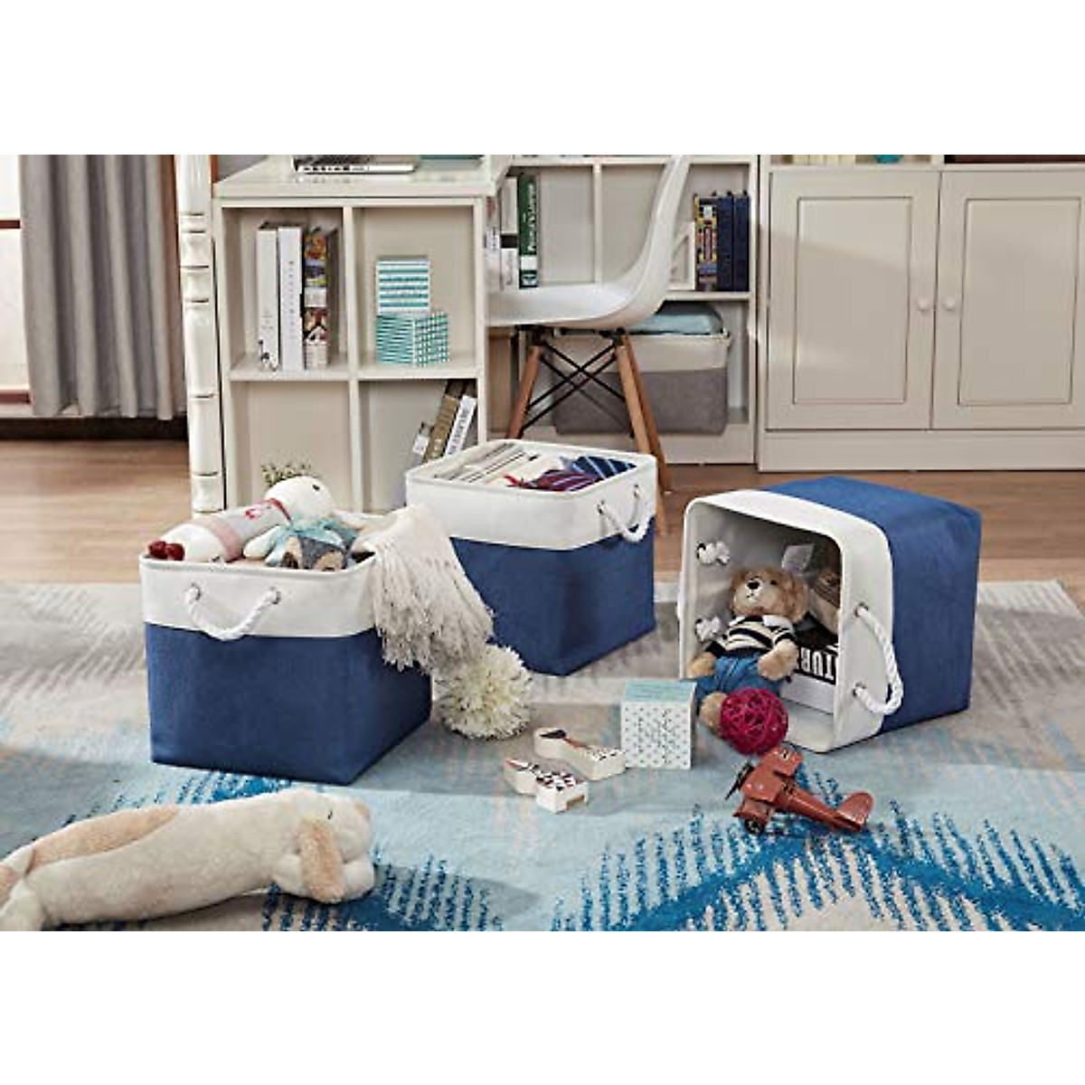 DECOMOMO Cube Storage Organizer Bins | Box Storage Cube Basket with Handles Fabric Cloth Bins for Organizing Shelf Nursery Home Closet (Navy Blue & White, 13 x 13 x 13 inch - 3 Pack)
