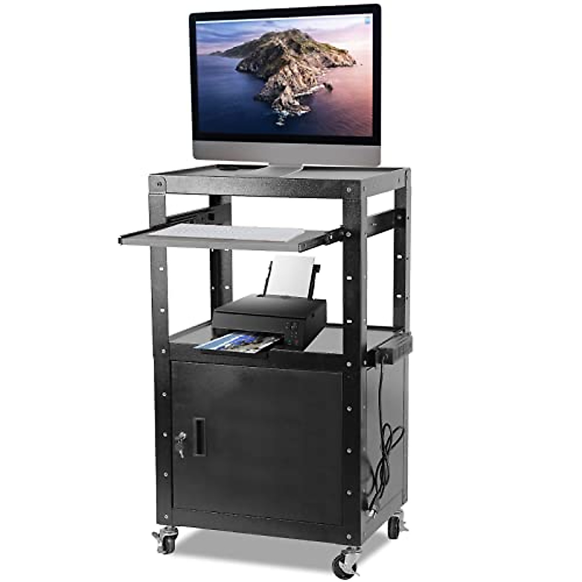 AV Cart, Presentation Cart Station, Height Adjustable Media Cart with Locking Cabinet & Sliding Keyboard Tray, 3 Shelves Rolling Projector Cart on Wheels