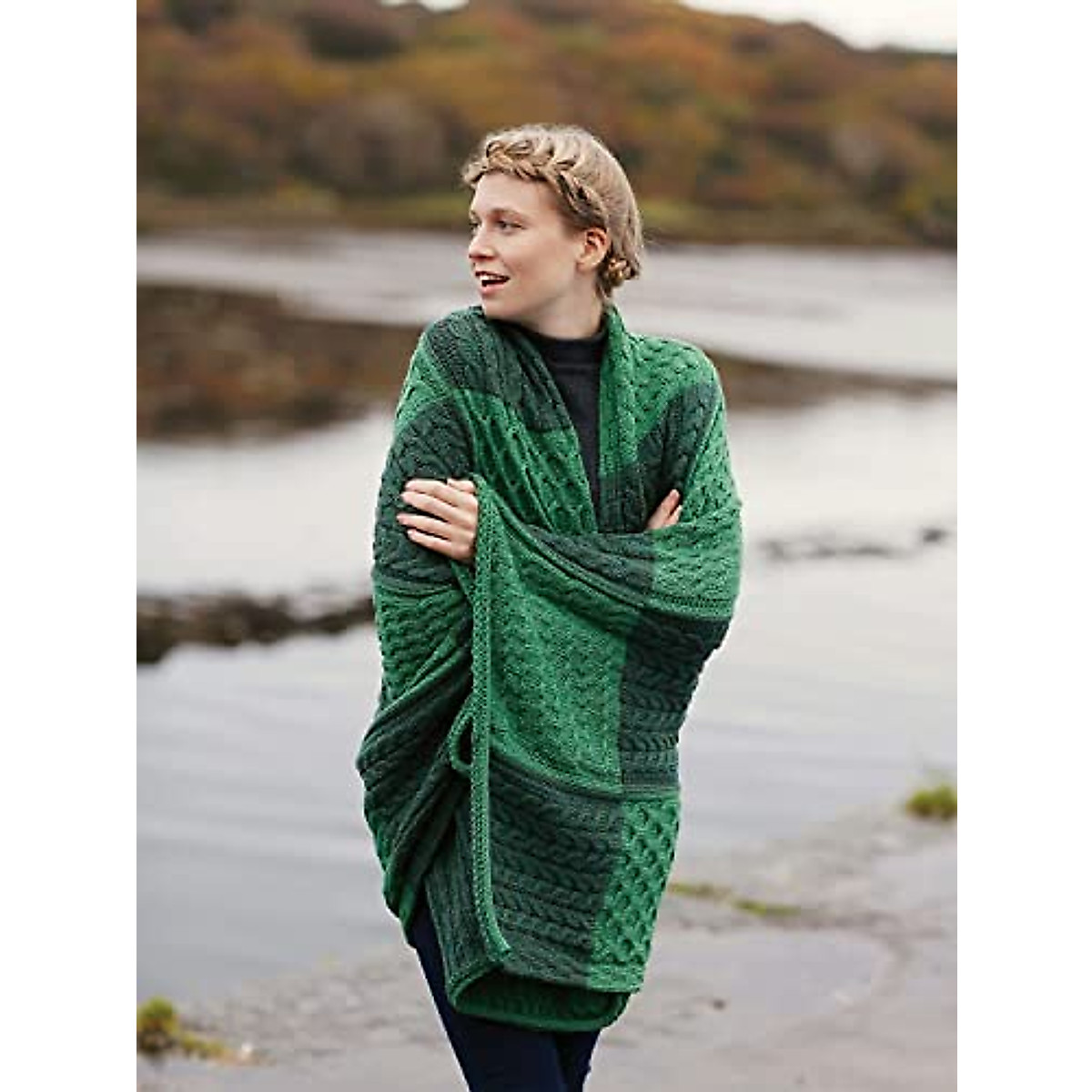 Aran Woollen Mills Irish Knit Blanket Merino Wool Patchwork Intarsia Throw Made in Ireland (Kiwi/Connemara Green)