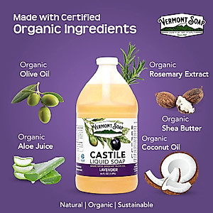 Vermont Castile Soap Lavender, Gentle Liquid Soap for Sensitive Skin & Natural Body Wash, Organic Hair Shampoo for Oily Hair, Aloe Castile Soap for Men & Women - 64 Oz