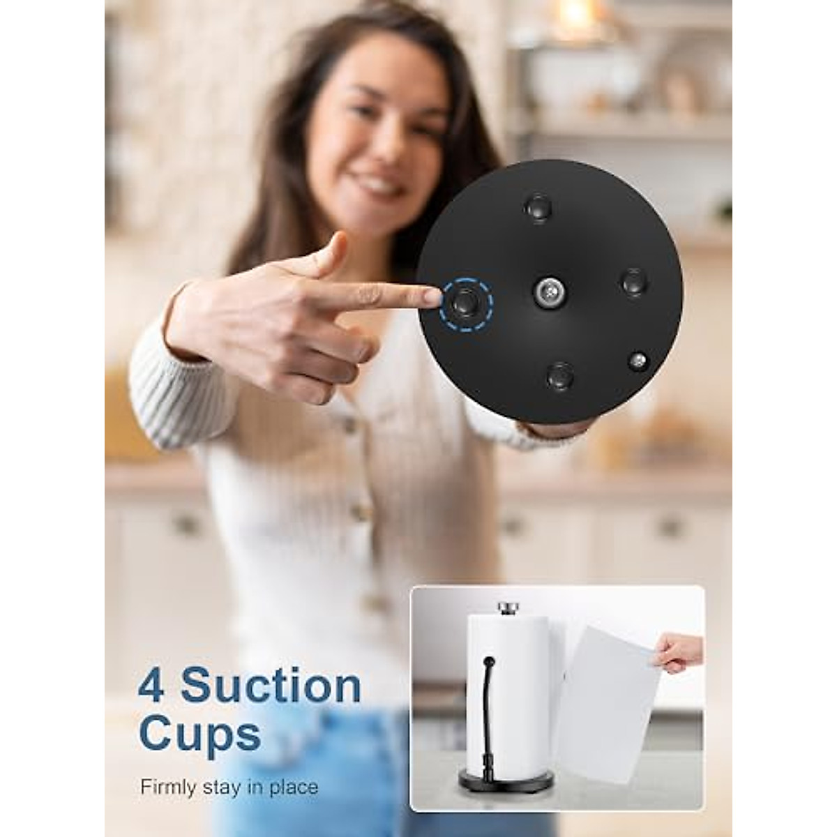 SMARTAKE Paper Towel Holder, Paper Towel Dispenser Standing Weighted Base Non Slip, Spring Arm Fit Most Size Paper Roll, Stainless Steel Paper Towel Holder for Home Kitchen Countertop Tabletop, Black