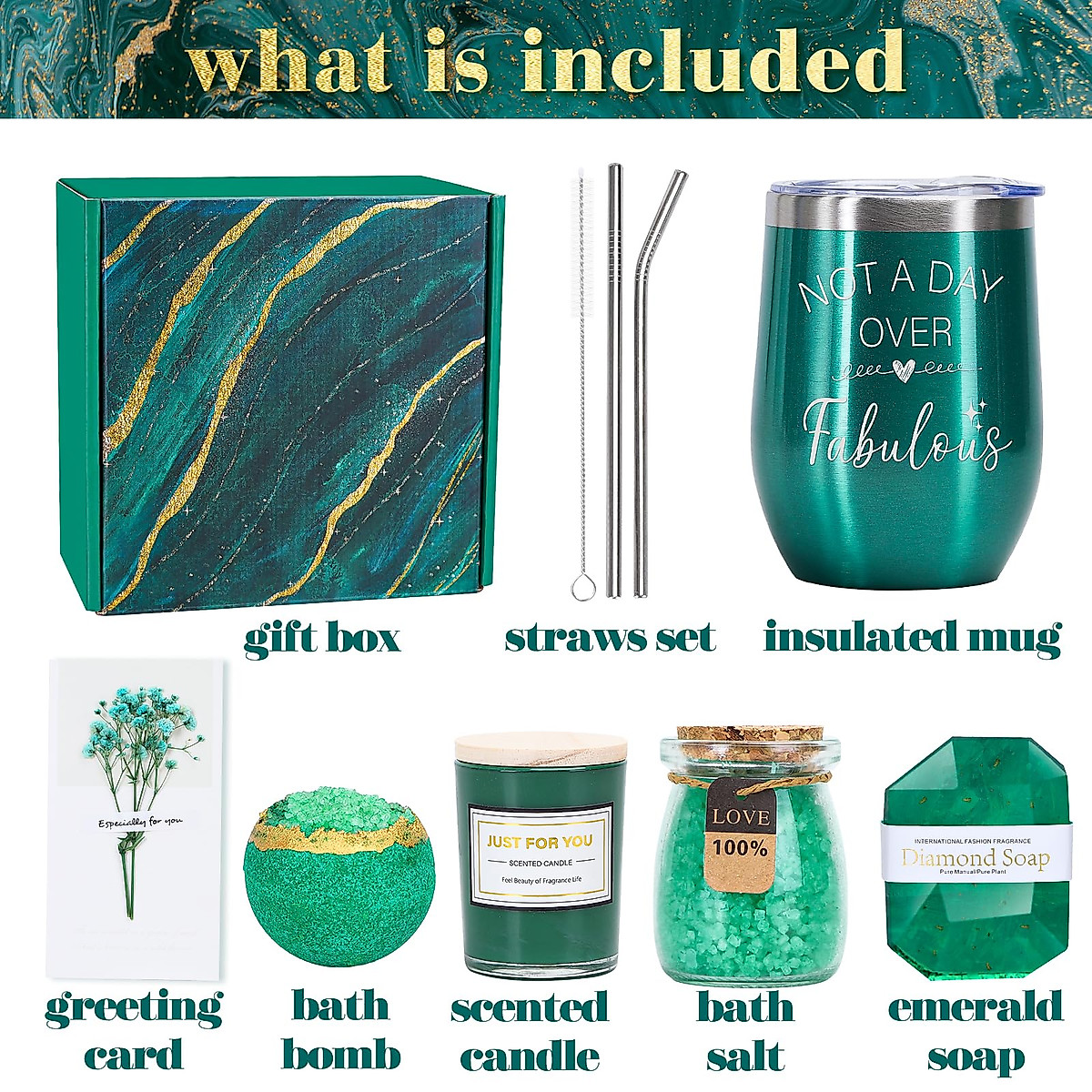 WECURATED Christmas Gift Baskets for Women, Emerald Green Gifts for Mom from Daughter Son, Luxury Relaxing Spa Self Care Gifts for Women, 30th 40th 50th 60th Unique Birthday Care Package