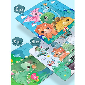 Vileafy Magnetic Puzzles for Kids Ages 4-8, 3 in 1 Wooden Dinosaur Puzzles Book for Boys Girls, Preschool Educational Learning Toys and Travel Games Toys (Dinosaur 25P+30P+42P)