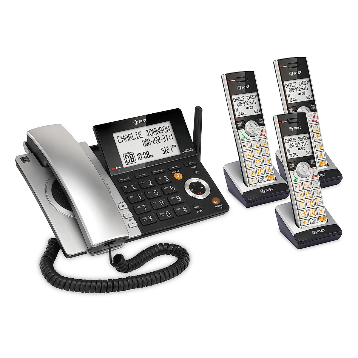 AT&T CL84307 Dect 6.0 Expandable Corded/Cordless Phone with Smart Call Blocker, Silver/Black with 3 Handsets