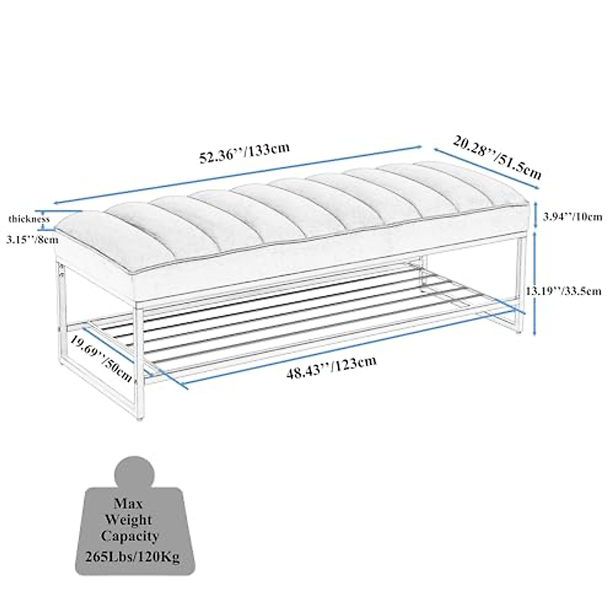 Homaddition Entryway Bench with Shoe Storage, 52" Thickened Cushion Sherpa Upholstered Channel Tufted Ottoman Bench with Shoe Rack, End of Bed Bench for Bedroom (White Sherpa with Shoe Rack)