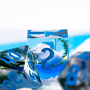 Blue Ocean Seashell Sharp DND Dice Set with Leather Dice Box | for Dungeons and Dragons, D&D, Sharp Edge, D20 Polyhedral Resin Dice, Dungeons and Dragons Gifts, Accessories