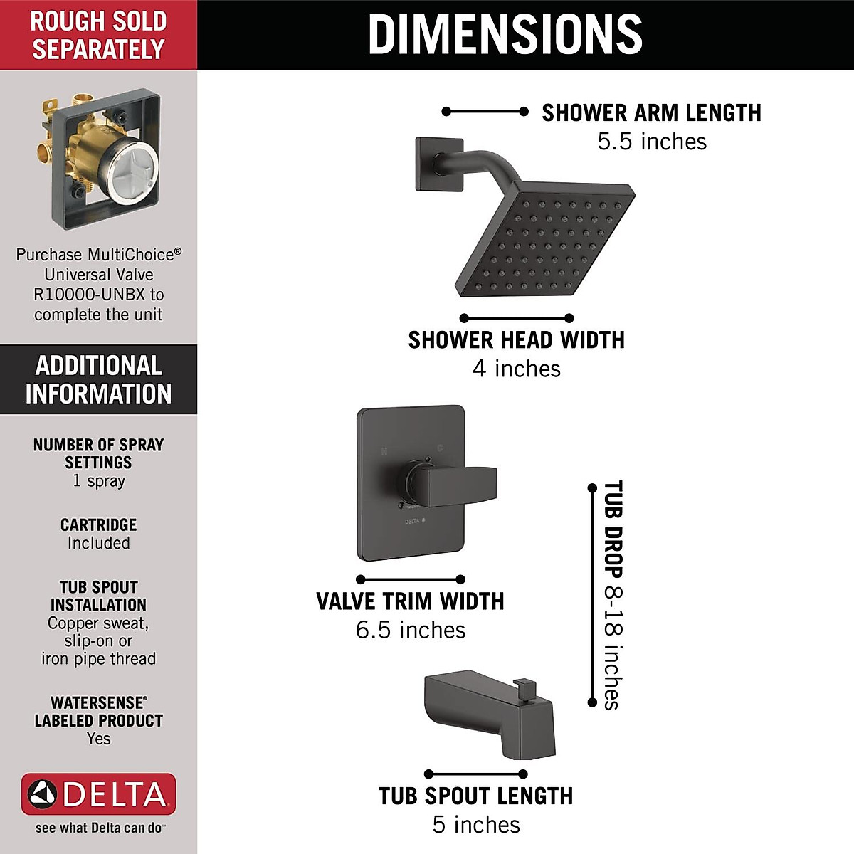 Delta Faucet Modern 14 Series Matte Black Shower Faucet, Tub and Shower Trim Kit with Single-Spray Touch-Clean Black Shower Head, Matte Black T14467-BL-PP (Valve Not Included)