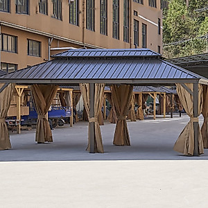 12’x 20’ Heavy Sunshade Large Metal Patio Gazebo Canopy, Permanent Gazebo with Galvanized Steel Double Roof,with Curtains and Netting for Patio, Backyard and Lawn (Wood Grain Coated)
