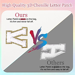 HENGNI Small Personalized Letter Makeup Bag, Cute PU Leather Chenille Letters Cosmetic Bag Travel Makeup Pouch, Preppy Travel Organizer Zipper Pouch for Women&Girls（White-M）