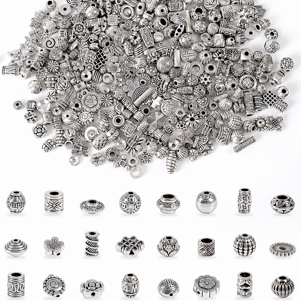 UPINS 300Pcs Silver Spacer Beads for Jewelry Making Bracelet Necklace Crafts Silver Beads Metal Alloy Beads Loose Spacer Beads with Radom Styles for DIY