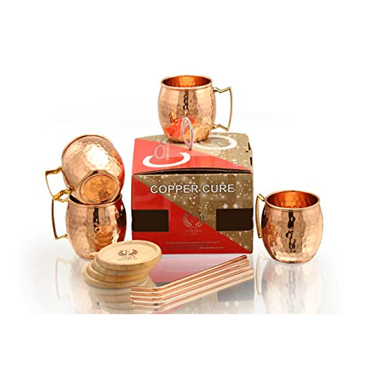 (Gift Set) Pure Copper Hammered Mugs with Copper Straws & Wooden Coasters Set of 4 - PREMIUM QUALITY -16 Oz Copper Cups - 100% Handcrafted - A Gift Pack for your loved Ones