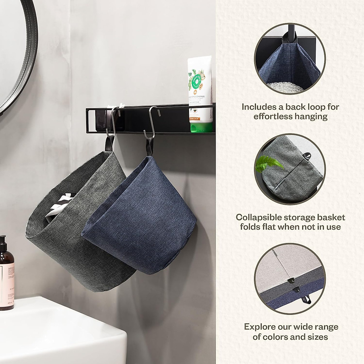 Bigso Box of Sweden Soft Hang Around Hanging Storage Basket Small | For Organizing Everyday Necessities | Collapsible Wall Hanging Storage Basket for Closets | 6.7" x 6.7" | Small | Navy