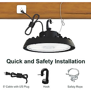 Treligate UFO Led High Bay Light 150W 200W 240W Wattage Adjustable 4000K 5000K CCT Selectable 1-10V Dimmable High Bay Lights with 5' US Plug Alternative to 650W MH/HPS for Factory Warehouse Grey