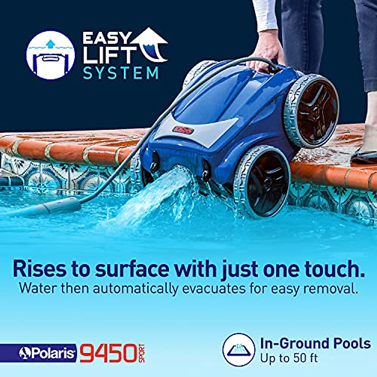 Polaris 9450 Sport Robotic Pool Cleaner, Automatic Vacuum for InGround Pools up to 50ft, 60ft Swivel Cable, Wall Climbing Vac w/ Strong Suction & Easy Access Debris Canister