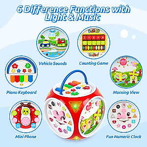 BAOLI Toddler Activity Cube, 6 in 1 Busy Learning Shape Sorter Toy with Music Keyboard, Gear, Sound & Light, Early Educational Toy Birthday Gifts for Baby Toddlers Children Boys Girls Age 1-3