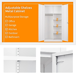 MIIIKO Steel Wardrobe Cabinet with 2 Doors, White Metal Locker Cabinet for Storage with Hanging Rod and 4 Shelves, Lockable Metal Closet Cabinet for Bedroom, Cloakroom and Home Office