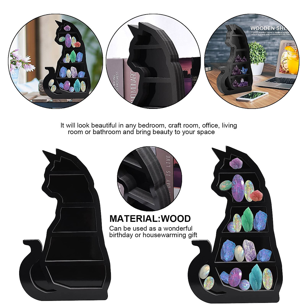 Cat Wooden Crystal Display Shelf, Cute Moon Phase Crystal Shelf, Wall Mounted Floating Shelves, Crescents Moon Phase Shelf for Crystals Stone, Essential Oil, Small Plant Art, Gothic Witchy Home(Cat)