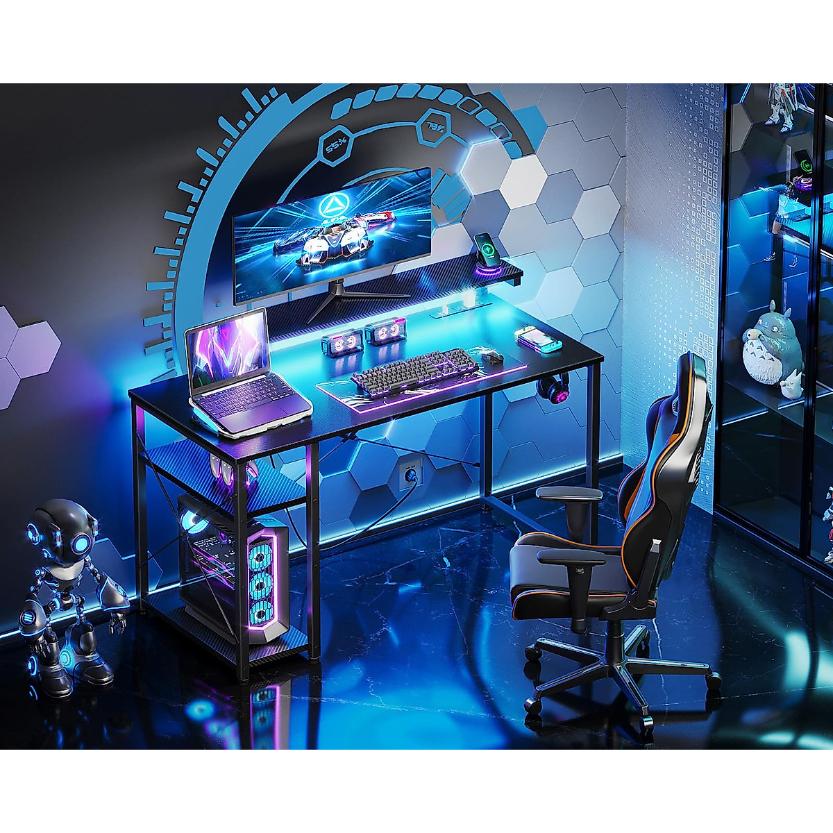 MOTPK Gaming Desk with Led Lights & Power Outlet, 40 Inch Small Gaming Computer Desk with Shelves, Reversible Gamer Desk Table with Adjustable Monitor Stand & Headphone Hook, Carbon Fiber Texture