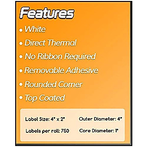OfficeSmartLabels – 4" x 2" Removable Direct Thermal Labels - Compatible with Rollo & Zebra Desktop Printers and More – 1” Core; Perforated, Water & Oil Resistant (4 Rolls, 3000 Labels)