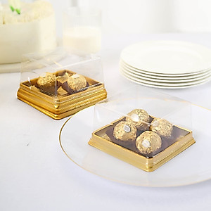 Efavormart 50 Pack | Clear/Gold Square Mini Plastic Dessert Party Favor Boxes, Cupcake Muffin Food Containers - 4"X4"X2.5"