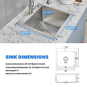 POPFLY 20×16 inch Drop In Kitchen Sink, 304 Stainless Steel Overmount Single Bowl Small Prep Bar Sink, 18 Gauge Top mount Handmade Deep Kitchen Sinks with 2 Holes, Brushed