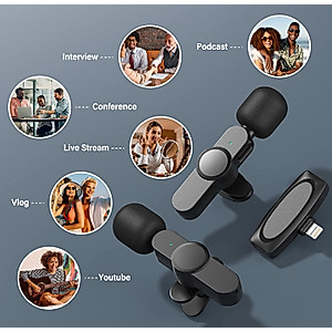 Wireless Lavalier Microphone for iPhone iPad, 2 Pack Mini Wireless Clip-on Microphones Lapel Mics Plug-Play Crystal Clear Sound Quality for Recording, Live Streaming, YouTube, Facebook, TikTok