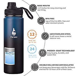 Farsea Insulated Water Bottle With Paracord Handle, Protective Silicone Boot and 2 Lids (Straw Lid & Spout Lid), Stainless Steel Water Bottle Wide Mouth, Double Wall Sweat-Proof BPA-Free, 24 oz