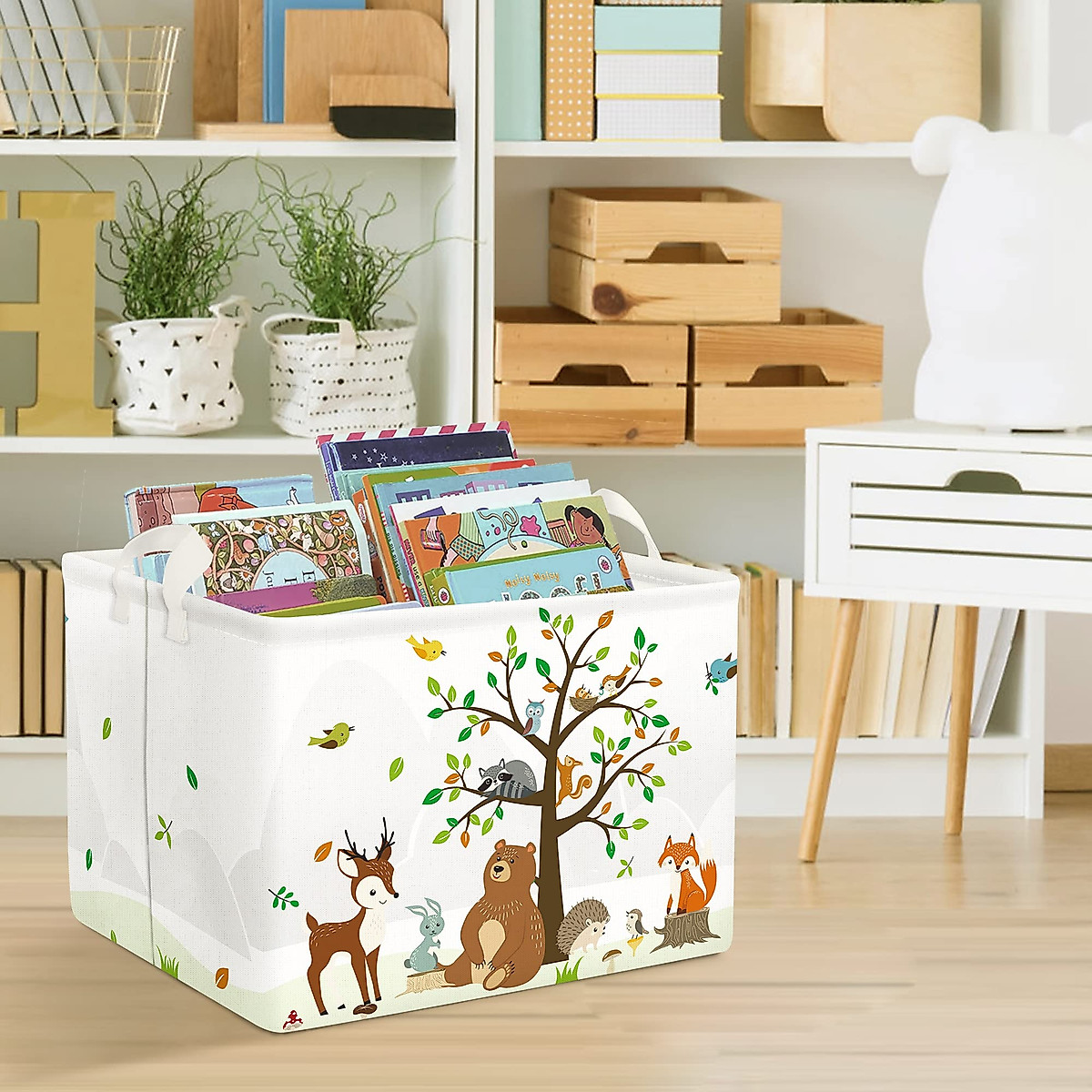 Clastyle Woodland Animals Bear Fox Raccoon Tree Baby Gift Storage Basket Deer Owl Collapsible Rectangular Shelf Basket Toy Book Clothes Towel Storage Bin for Nursery
