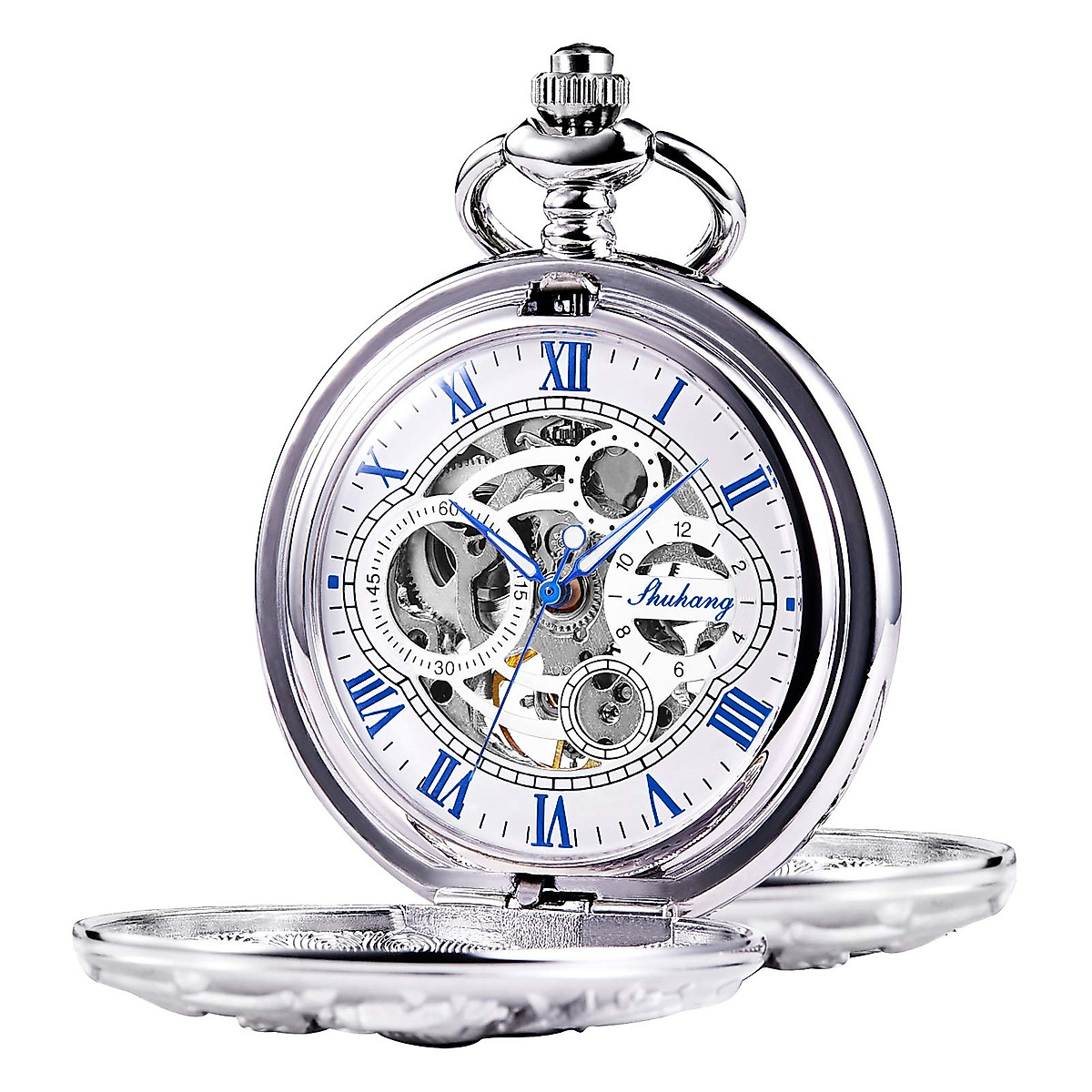 TREEWETO Mens Mechanical Pocket Watch Antique Dream Dragon Skeleton Silver Tone Double Open Case with China & Box Gift for Man Woman