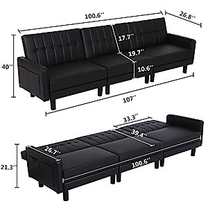 VUYUYU 107/'' Futon Sofa Couch Bed, Faux Leather 3-Seater Couches for Living Room, Mid-Century Modern Tufted Convertible Recliner Sleeper Small Space with Armrest/Side Pockets, Black-3 Seater