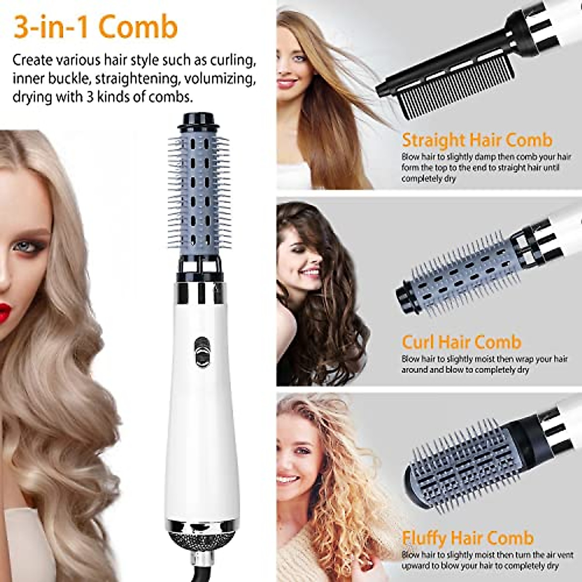 HAAPPYBOX 3 in 1 Hot Air Brush One-Step Hair Dryer Comb 3 Interchangeable Brush Combs Volumizer Hair Curler Straightener