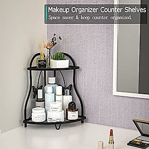 Tamomic 2 Tier Corner Bathroom Sink Organizer Countertop Shelves,Vanity Organizer Trays Shelf Storage with Decor Butterfly,Black