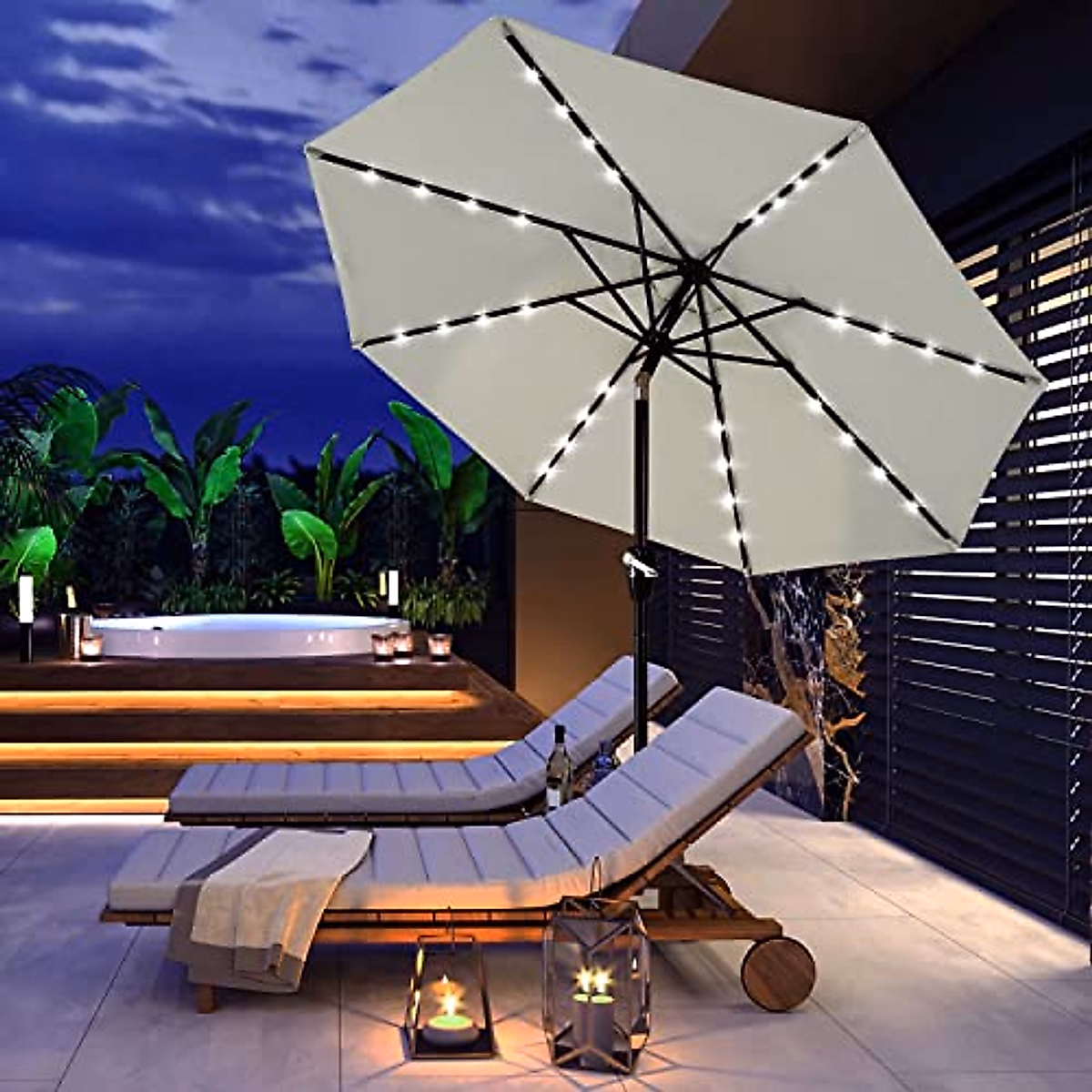 ABCCANOPY Durable Solar Led Patio Umbrellas with 32LED Lights 9FT (Light Beige)